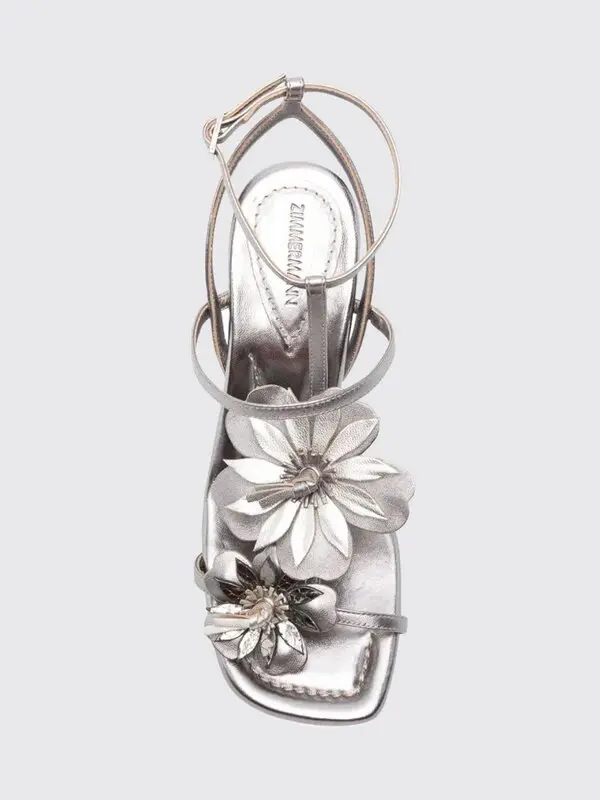 Zimmermann Belara Laminated Leather Sandal With Applied Flowers - Silver