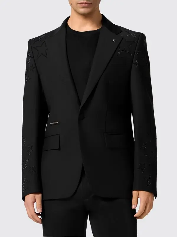 Philipp Plein Single-breasted Wool-blend Blazer With Star Embroidery And Rhinestones