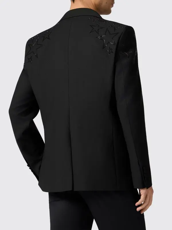 Philipp Plein Single-breasted Wool-blend Blazer With Star Embroidery And Rhinestones