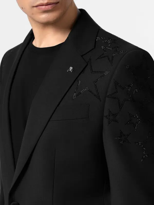 Philipp Plein Single-breasted Wool-blend Blazer With Star Embroidery And Rhinestones