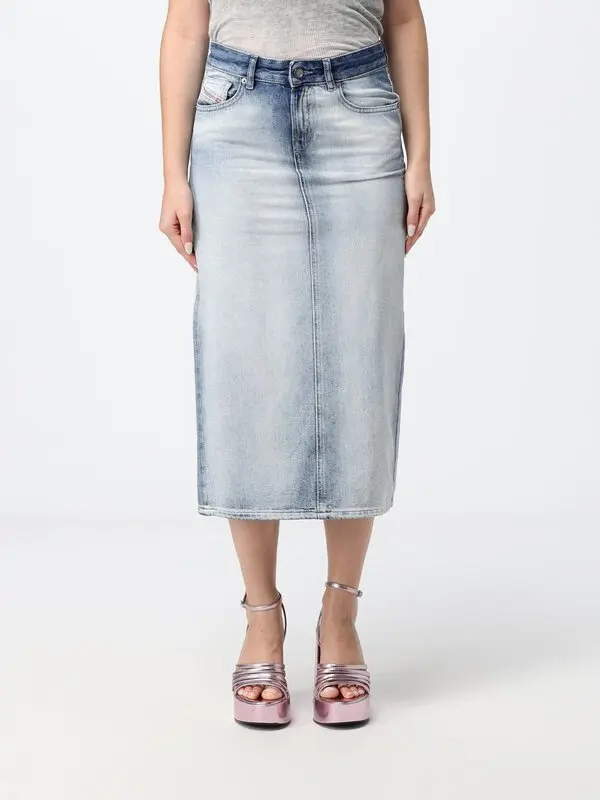 DIESEL® Bleached Denim Midi Pencil Skirt With Back Slit