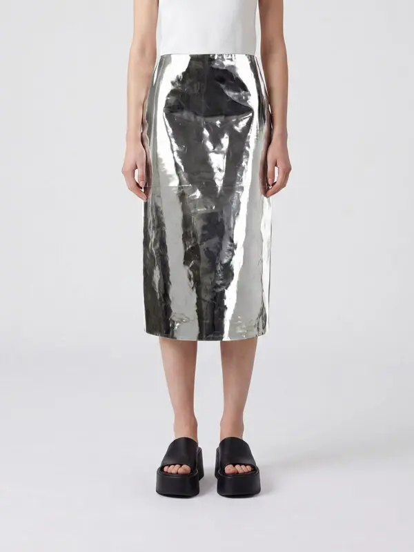 JIL SANDER High-waisted Midi Pencil Skirt In Laminated Leather - Silver