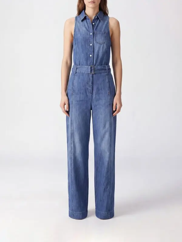 Pinko Cotton And Linen Jumpsuit With Belt And Pockets - Blue
