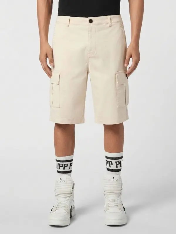 Philipp Plein Cotton Cargo Shorts With Multiple Pockets - Beige