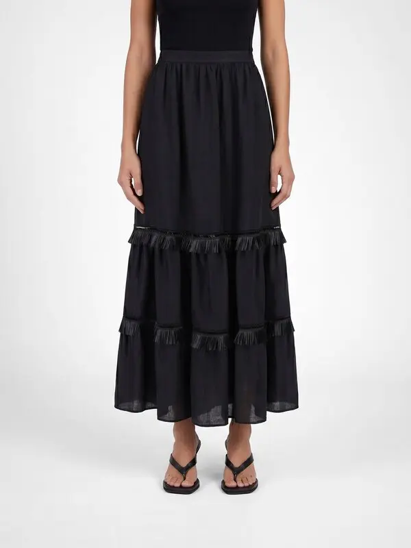 Kiton Linen A-line Midi Skirt With Fringe And Embroidery