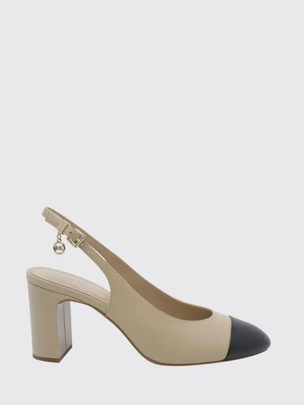 Michael Kors Piper Leather Slingback Pumps With Mk Monogram And Block Heel - Beige