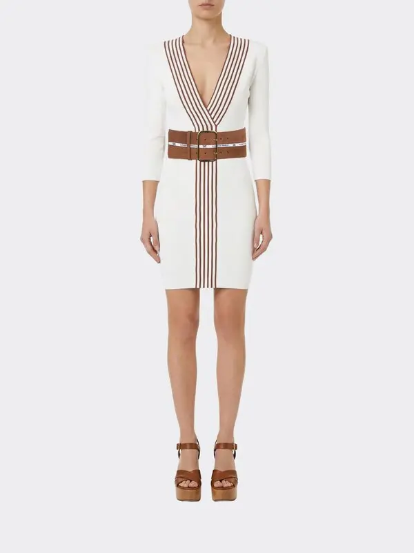 Elisabetta Franchi Striped V-neck Dress With Belt - Ivory