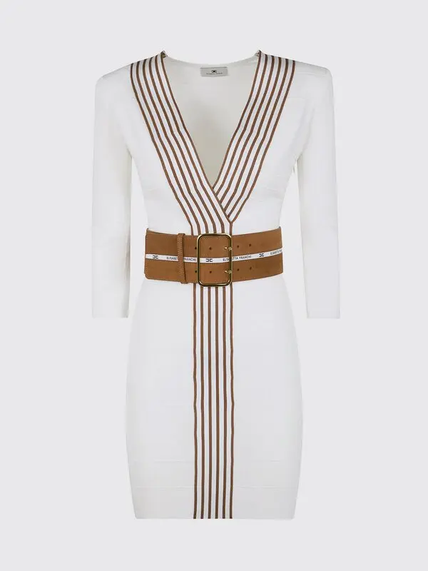 Elisabetta Franchi Striped V-neck Dress With Belt - Ivory