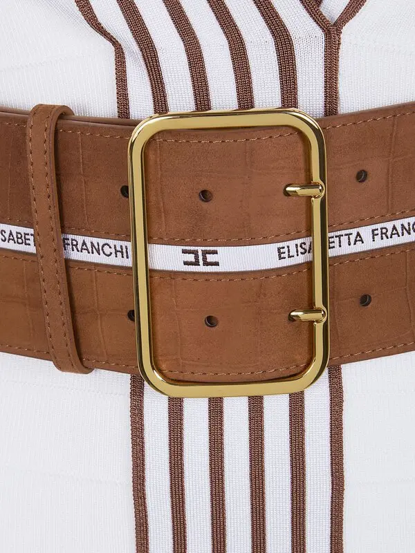 Elisabetta Franchi Striped V-neck Dress With Belt - Ivory