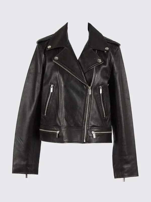 TWINSET Leather Biker Jacket With Asymmetrical Zip And Shoulder Epaulettes
