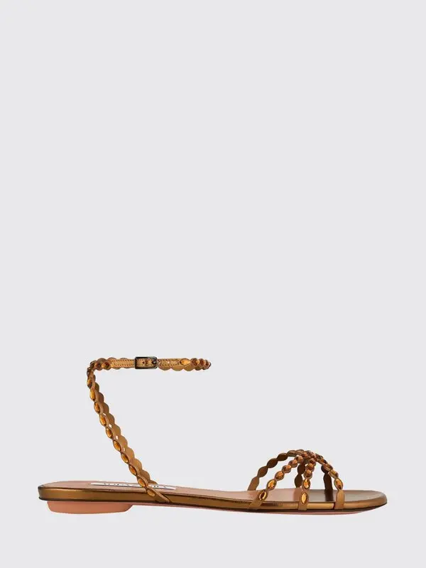 AQUAZZURA Love Struck Laminated Leather Flat Sandals With Rhinestones - Gold