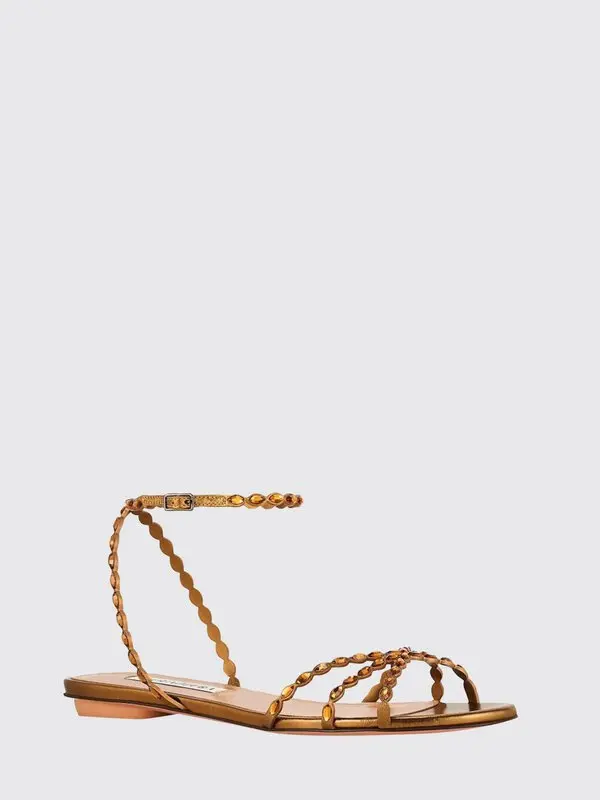 AQUAZZURA Love Struck Laminated Leather Flat Sandals With Rhinestones - Gold