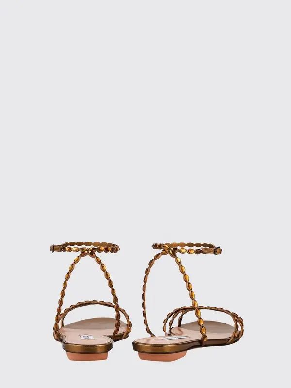 AQUAZZURA Love Struck Laminated Leather Flat Sandals With Rhinestones - Gold