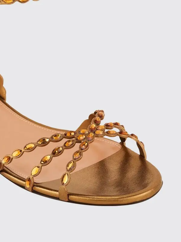 AQUAZZURA Love Struck Laminated Leather Flat Sandals With Rhinestones - Gold