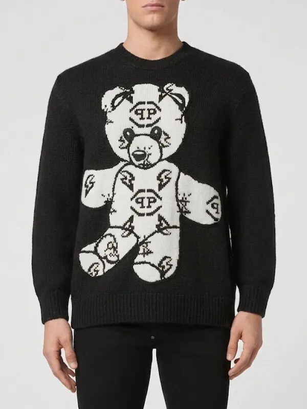 Philipp Plein Teddy Bear Print Wool Blend Crewneck Sweater