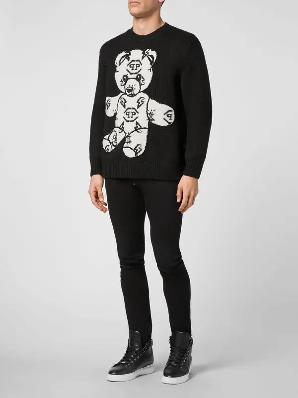 Philipp Plein Teddy Bear Print Wool Blend Crewneck Sweater