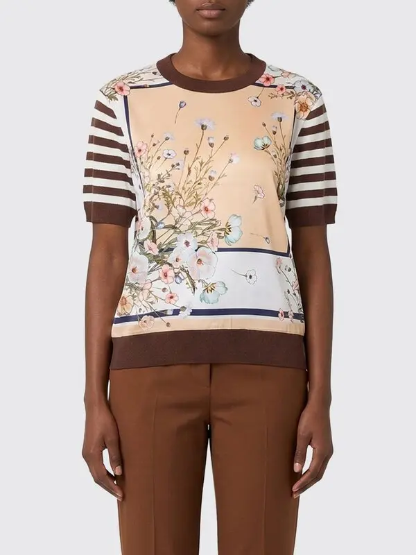 Liu Jo Striped Viscose Knit Sweater With Floral Print