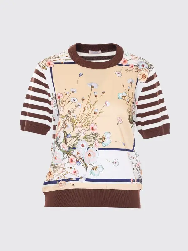 Liu Jo Striped Viscose Knit Sweater With Floral Print