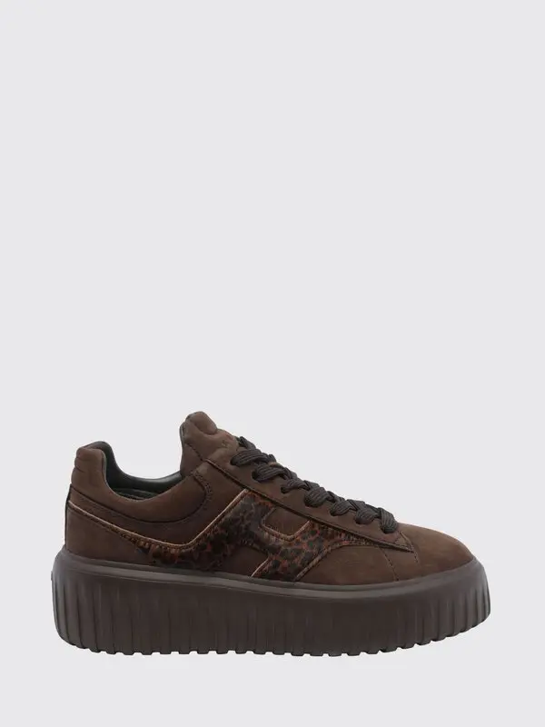 Hogan H-stripes Platform Leather And Pony Hair Sneakers With Animal Print - Brown