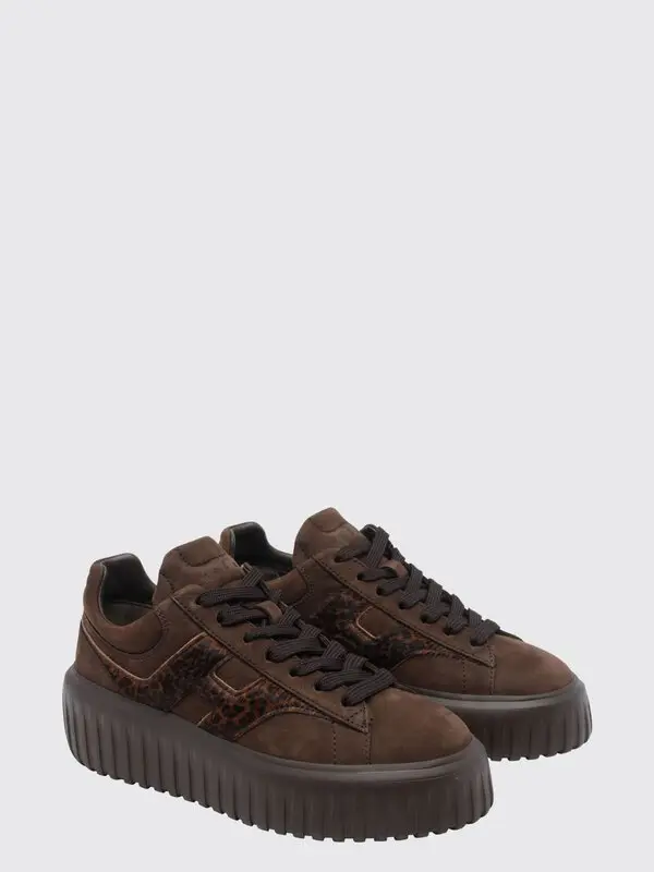 Hogan H-stripes Platform Leather And Pony Hair Sneakers With Animal Print - Brown