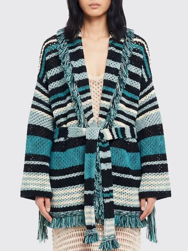 Alanui Striped Cotton-blend Cardigan With Fringes And A Tie-waist Belt - Multicolor