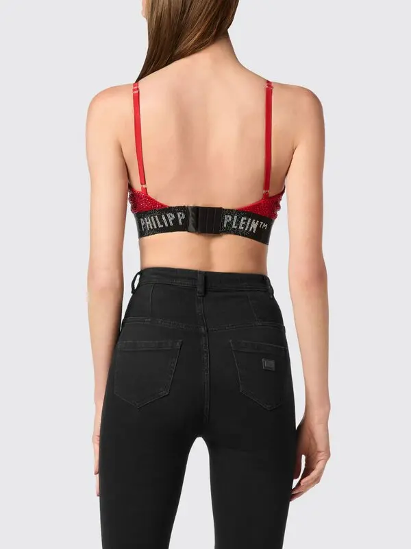 Philipp Plein Cropped Top With Thin Straps And Rhinestone Logo