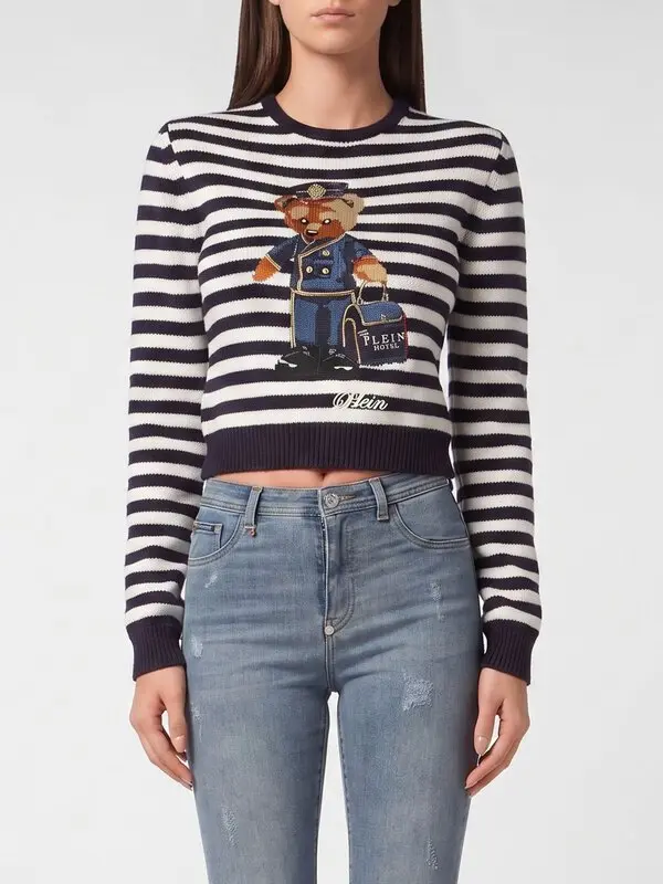 Philipp Plein Cropped Striped Teddy Bear Wool Blend Sweater - Navy
