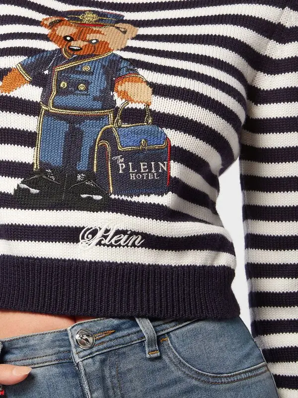 Philipp Plein Cropped Striped Teddy Bear Wool Blend Sweater - Navy