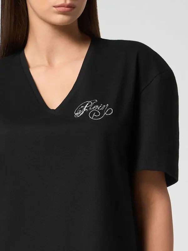 Philipp Plein Cotton V-neck T-shirt With Rhinestone Logo And Fringed Hem - Black