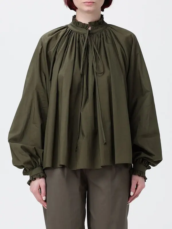 PT TORINO Cotton Shirt With Ruched Collar And Balloon Sleeves - Green