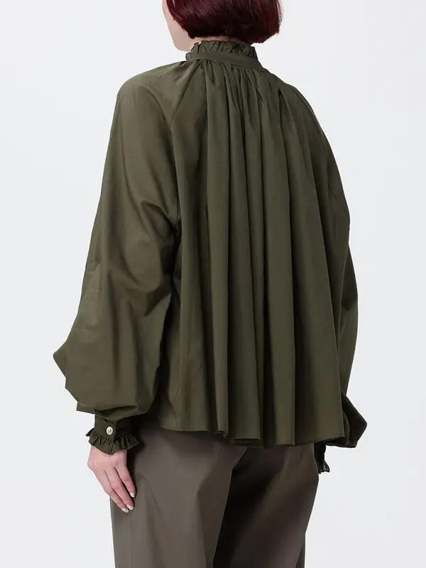 PT TORINO Cotton Shirt With Ruched Collar And Balloon Sleeves - Green