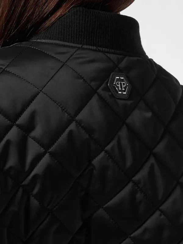 Philipp Plein Cropped Quilted Nylon Bomber Jacket With Embroidered Collar