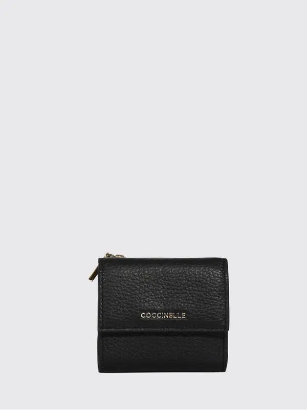COCCINELLE Metallic Soft Tri-fold Wallet In Grained Leather - Black