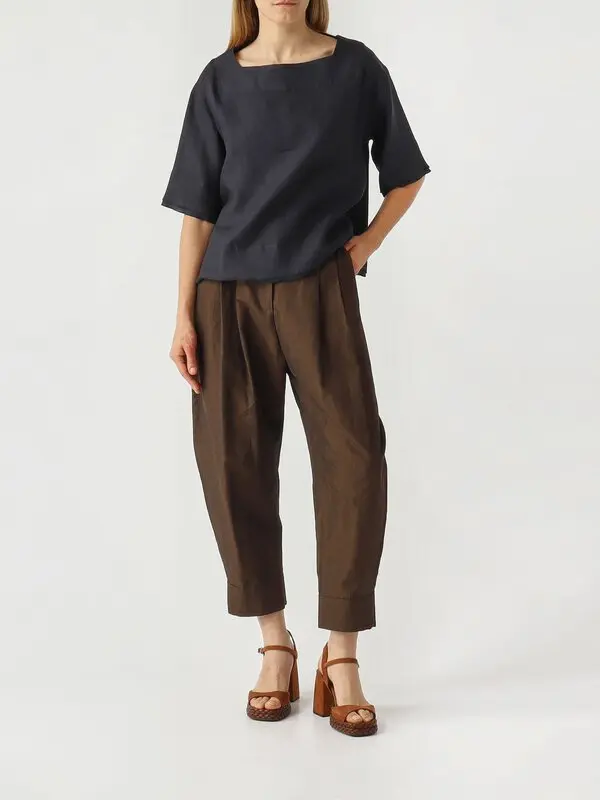 PT TORINO Cropped Cotton And Linen Blend Trousers - Cocoa