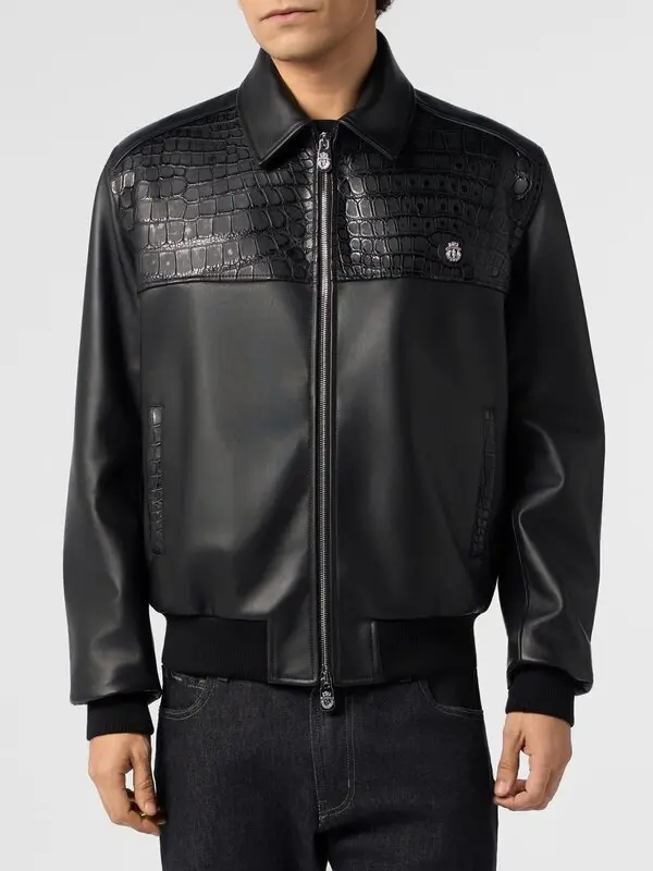 BILLIONAIRE Leather Bomber Jacket With Classic Collar And Zip Closure