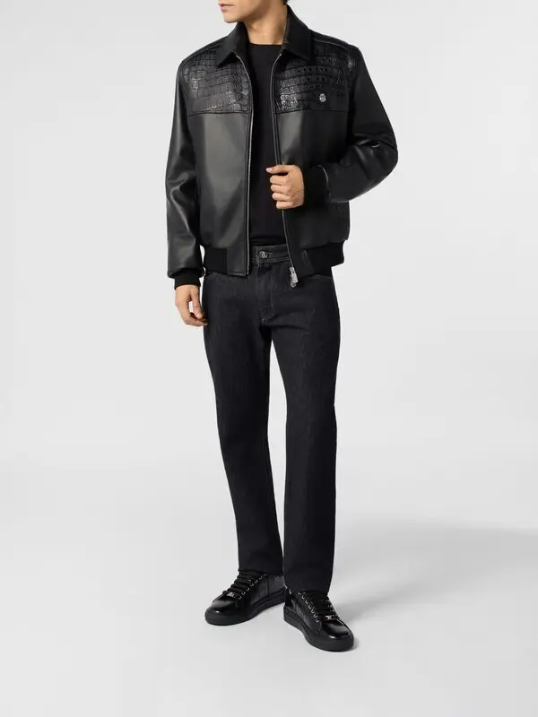 BILLIONAIRE Leather Bomber Jacket With Classic Collar And Zip Closure