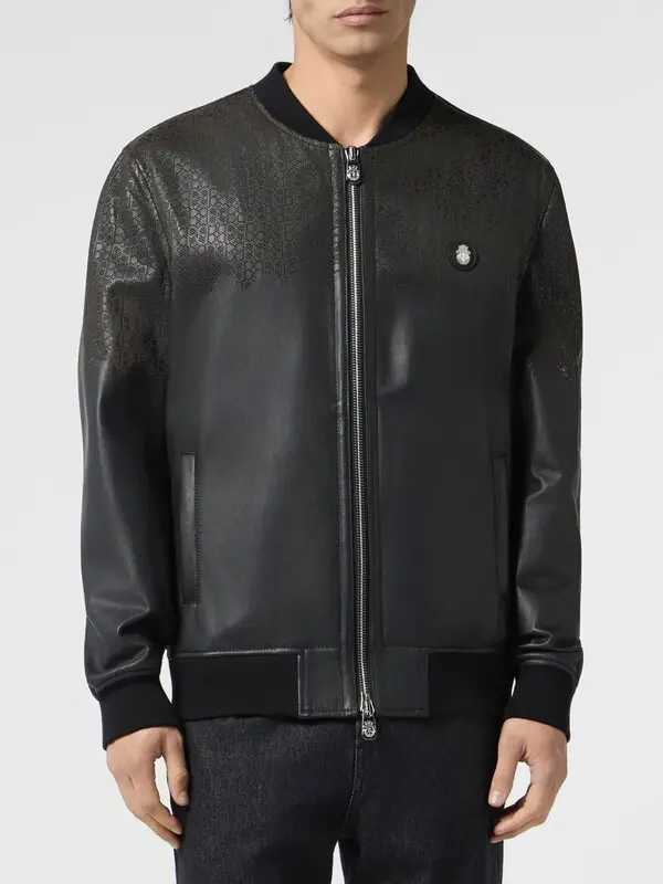 BILLIONAIRE Leather Bomber Jacket With Monogram Pattern And Applied Logo