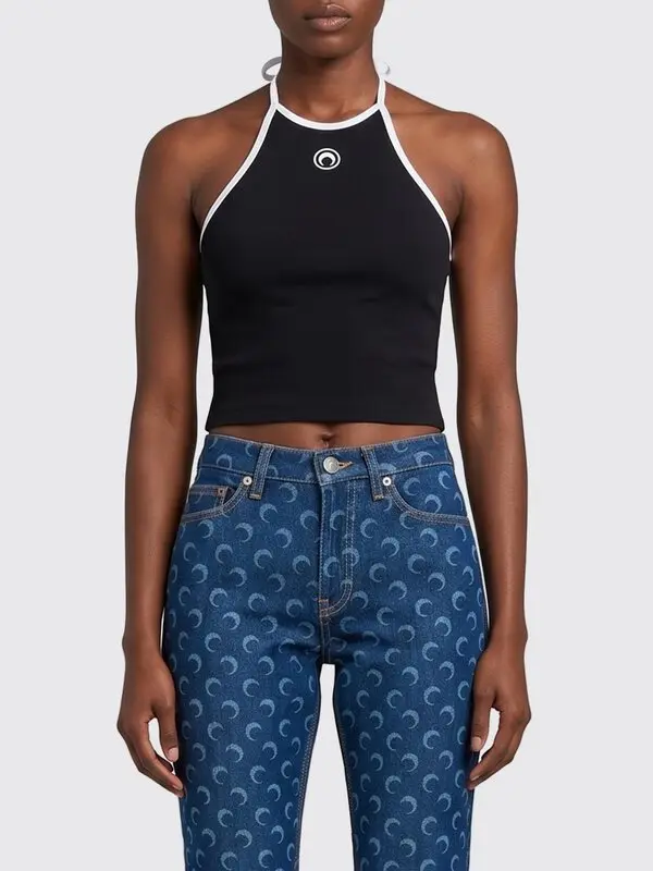 MARINE SERRE Slim Fit Cropped Cotton Top With Crescent Moon Logo - Black