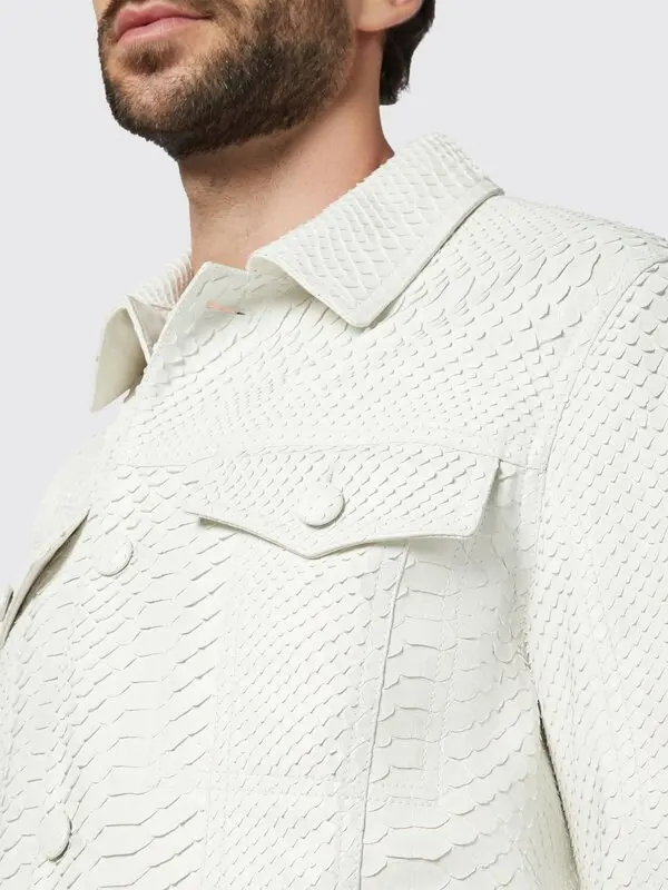 BILLIONAIRE Snakeskin Leather Shirt Jacket With Applied Patch Pockets - White