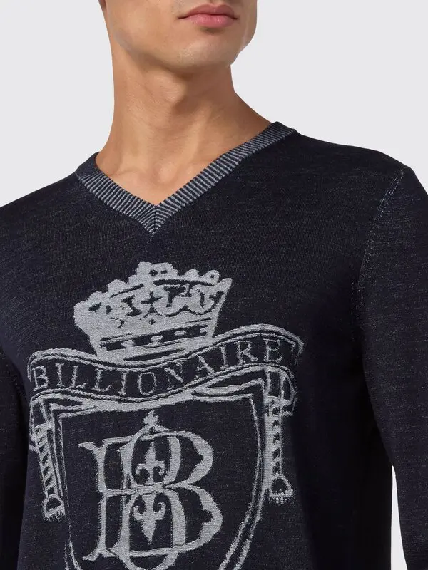 BILLIONAIRE Wool And Silk V-neck Sweater With Jacquard Crest - Blue