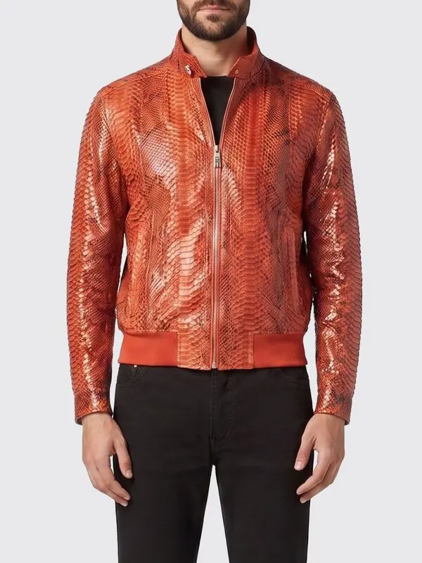 BILLIONAIRE Snakeskin Leather Bomber Jacket With High Collar And Zip Closure - Red