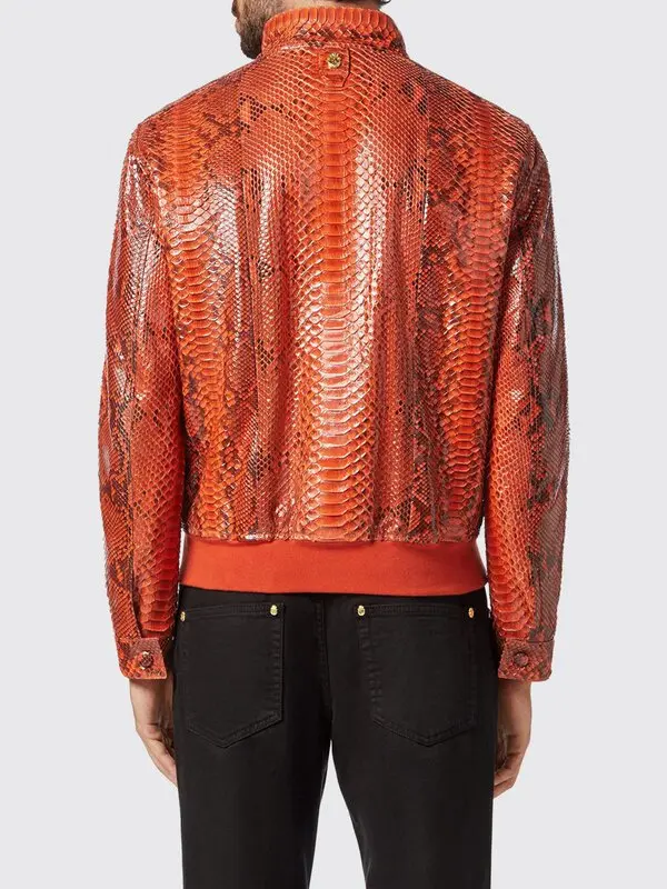 BILLIONAIRE Snakeskin Leather Bomber Jacket With High Collar And Zip Closure - Red