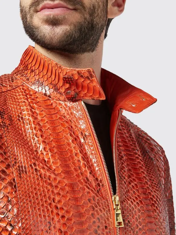 BILLIONAIRE Snakeskin Leather Bomber Jacket With High Collar And Zip Closure - Red