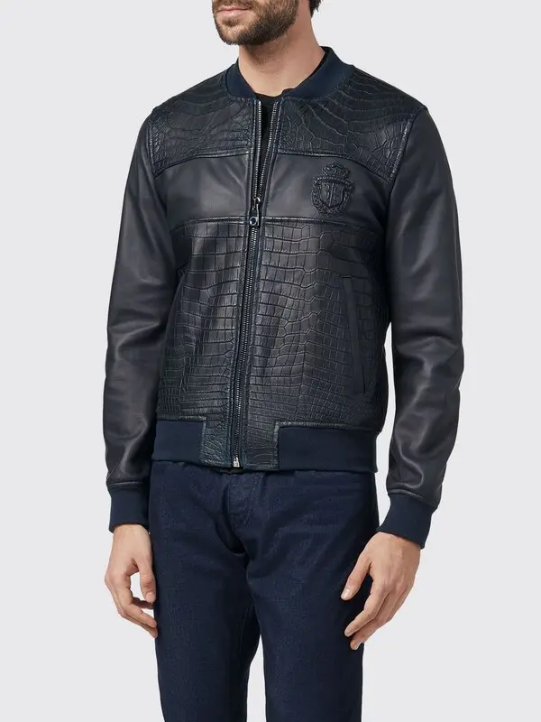 BILLIONAIRE Crocodile And Nappa Leather Bomber Jacket With Crest Logo - Blue