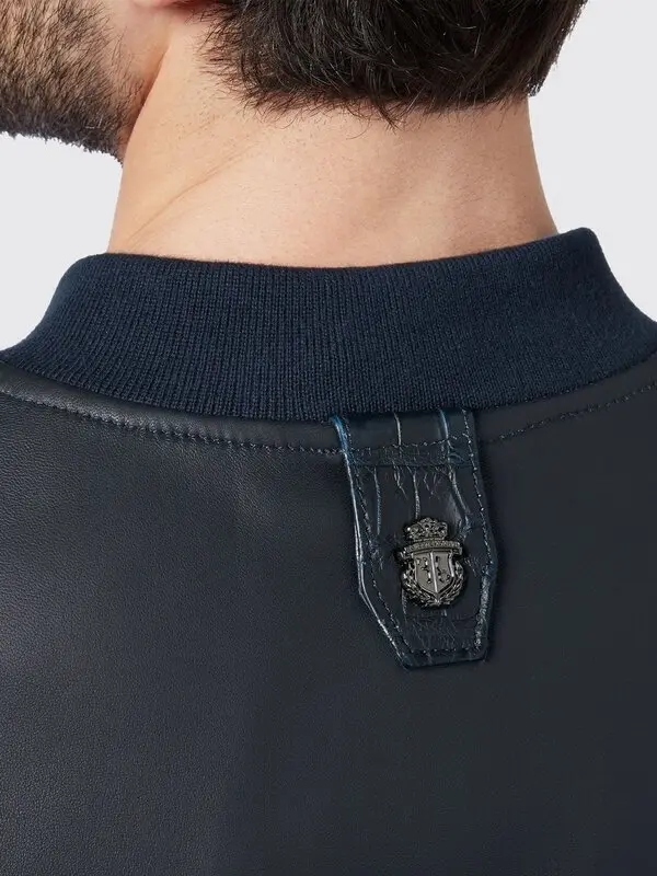 BILLIONAIRE Crocodile And Nappa Leather Bomber Jacket With Crest Logo - Blue