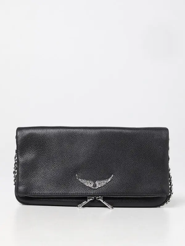 Zadig&Voltaire Leather Clutch With Silver Tone Wing Embellishment And Chain Strap - Black