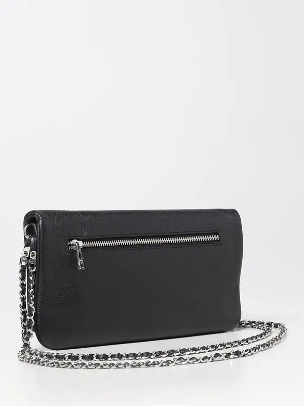 Zadig&Voltaire Leather Clutch With Silver Tone Wing Embellishment And Chain Strap - Black