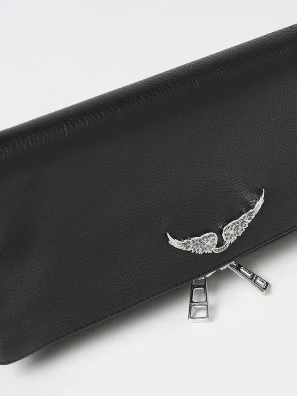 Zadig&Voltaire Leather Clutch With Silver Tone Wing Embellishment And Chain Strap - Black