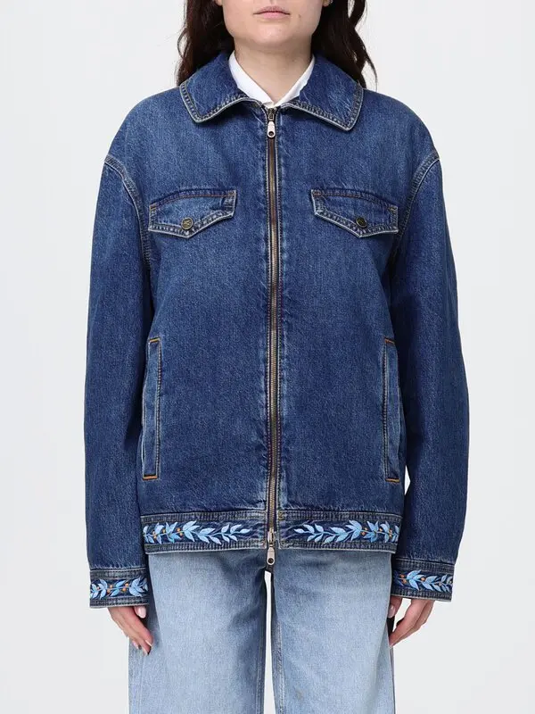 Etro Cropped Embroidered Cotton Denim Jacket With Zip Closure