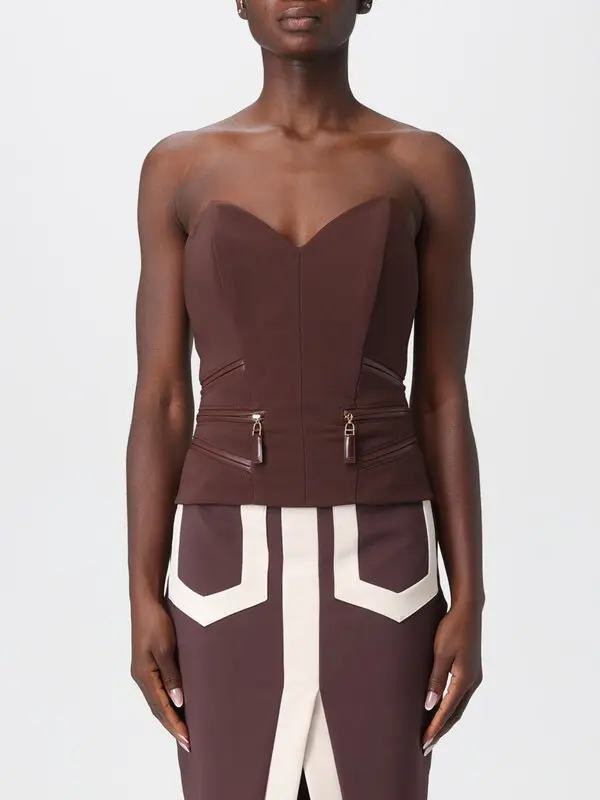 Elisabetta Franchi Zip Up Detail Bustier Top - Coffee